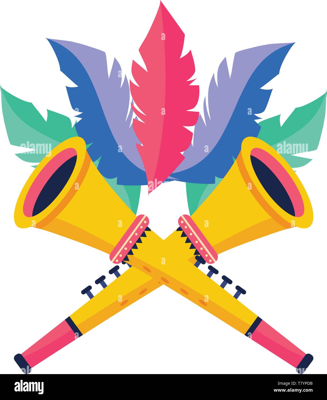two trumpets tilted with five feathers isolated vector illustration ...
