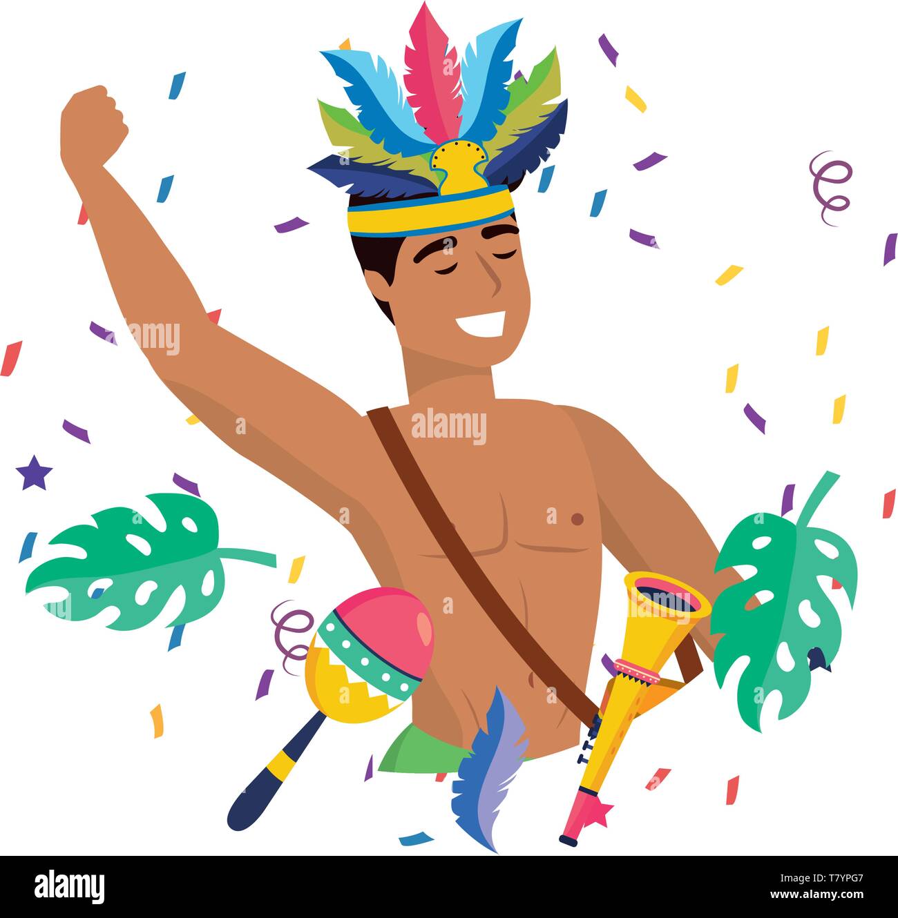 native man with feathers headdress with trumpet and maraca celebrating ...