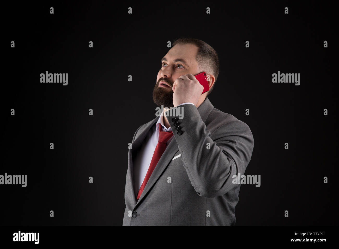 Guy call friend stand black background. Mobile call concept. Man ...