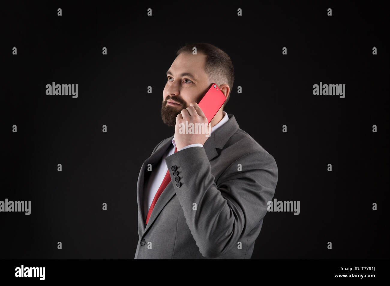 Guy call friend stand black background. Mobile call concept. Man ...