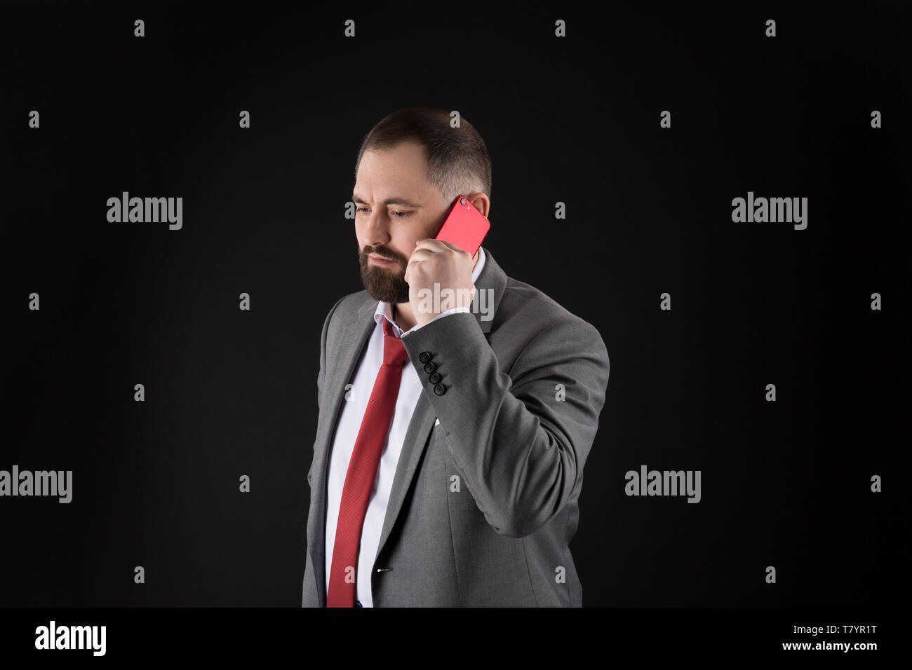 Guy call friend stand black background. Mobile call concept. Man ...