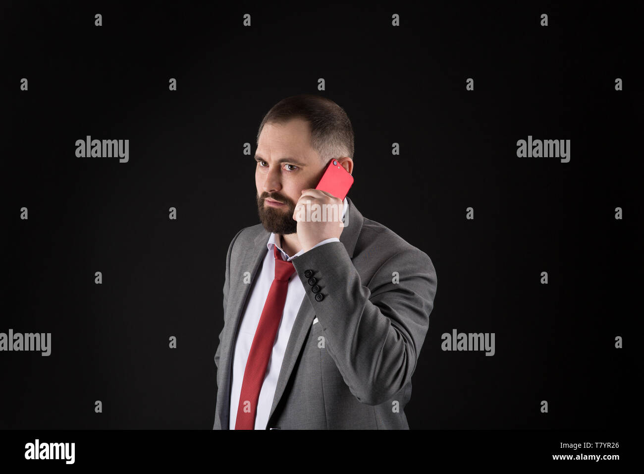 Guy call friend stand black background. Mobile call concept. Man ...
