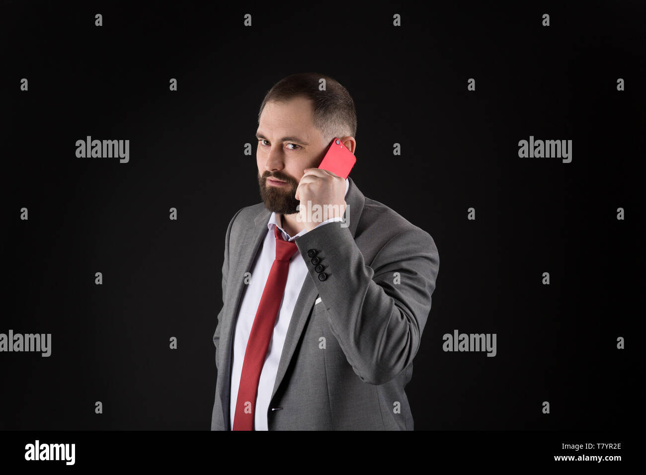 Guy call friend stand black background. Mobile call concept. Man ...