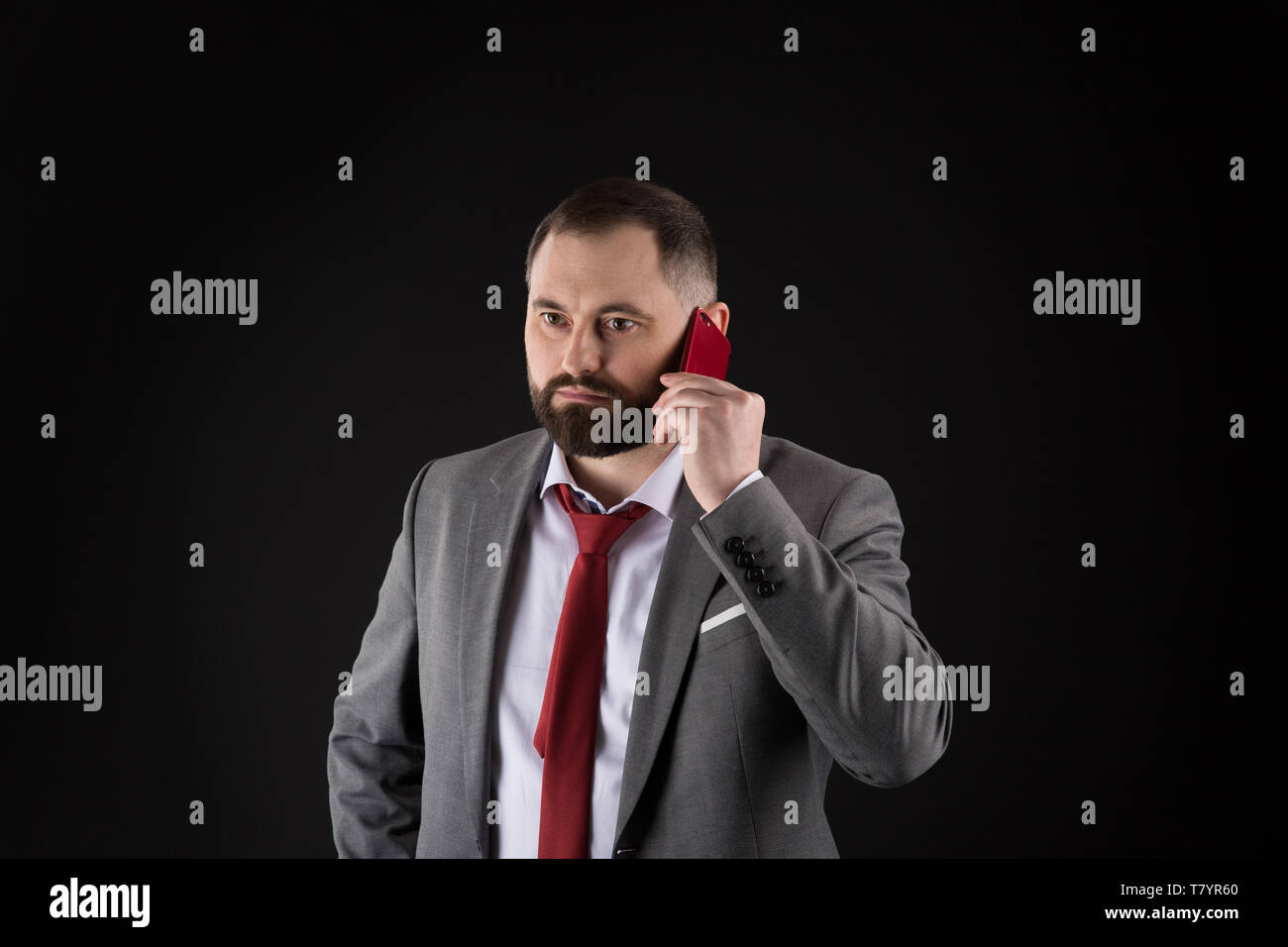 Guy call friend stand black background. Mobile call concept. Man ...