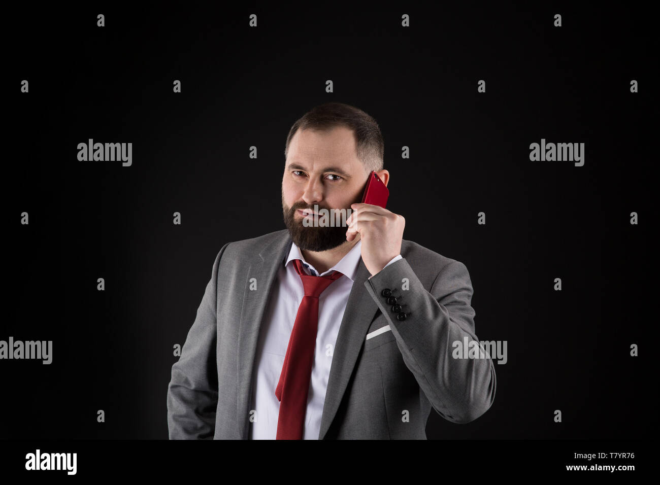Guy call friend stand black background. Mobile call concept. Man ...