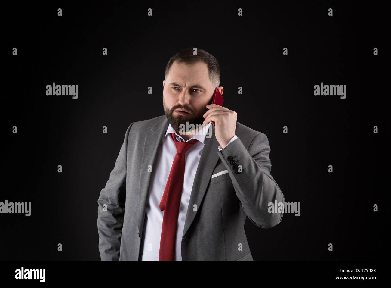 Guy call friend stand black background. Mobile call concept. Man ...