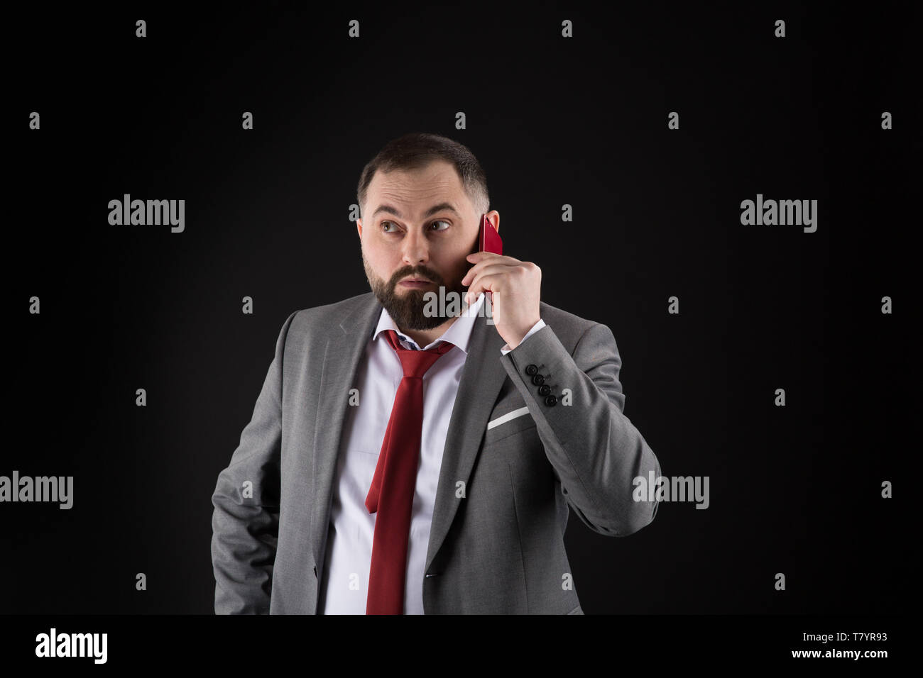 Guy call friend stand black background. Mobile call concept. Man ...