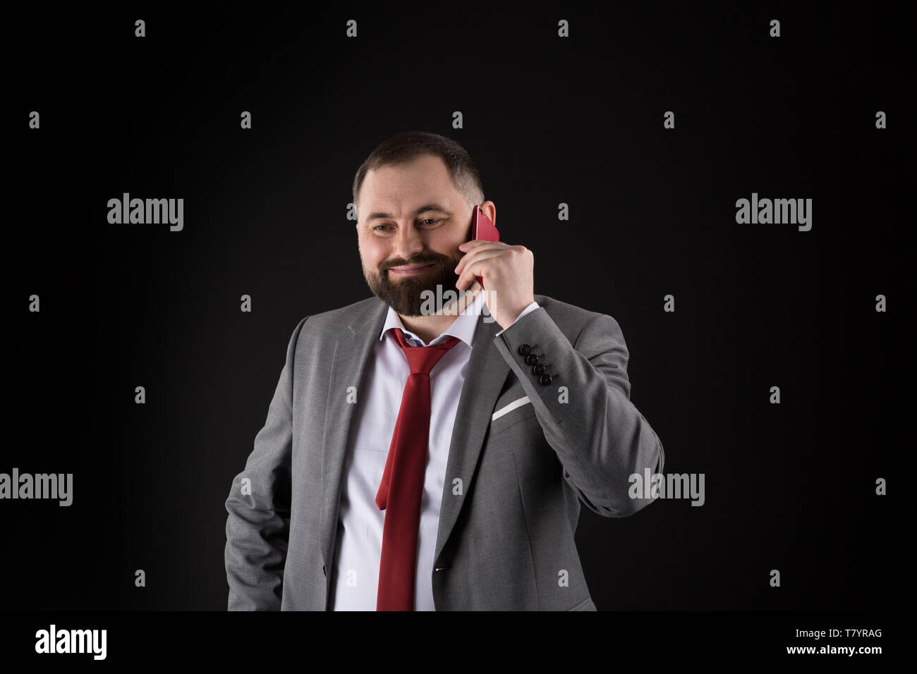 Guy call friend stand black background. Mobile call concept. Man ...