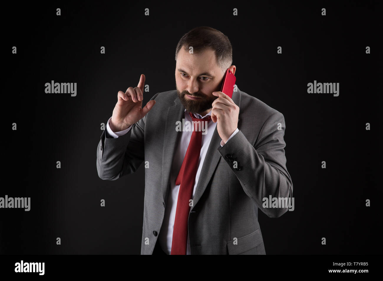 Guy call friend stand black background. Mobile call concept. Man ...