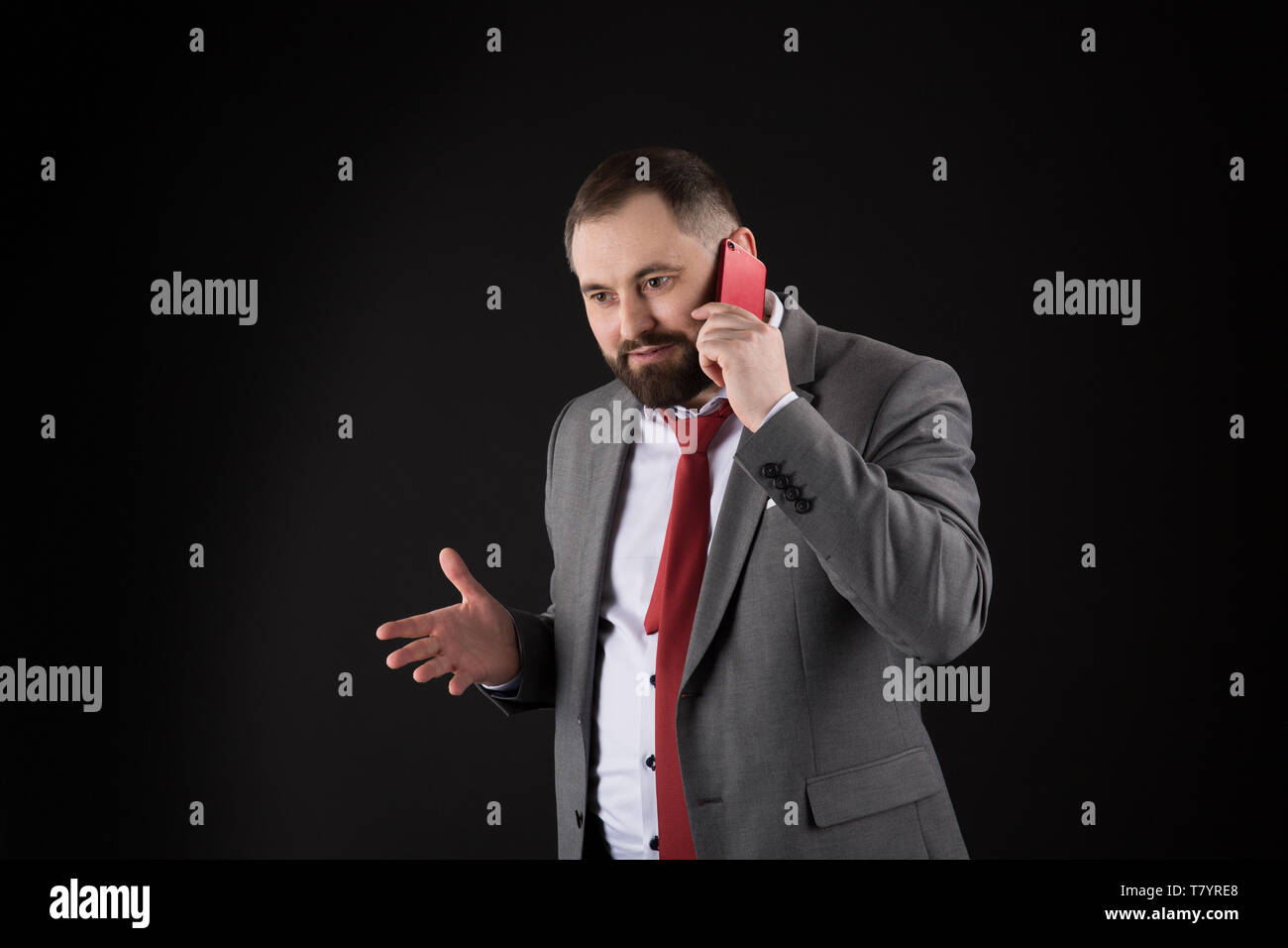 Guy call friend stand black background. Mobile call concept. Man ...