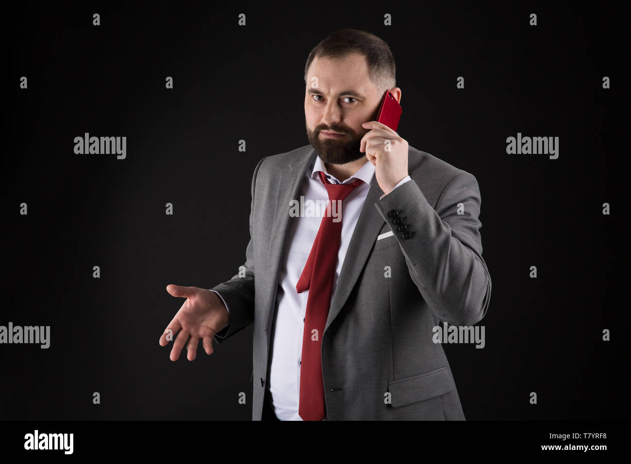 Guy call friend stand black background. Mobile call concept. Man ...