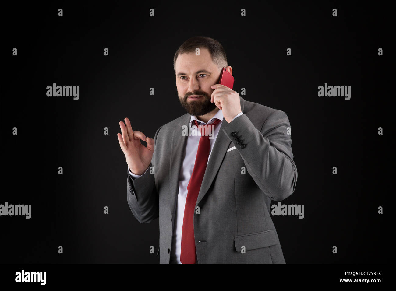 Guy call friend stand black background. Mobile call concept. Man ...