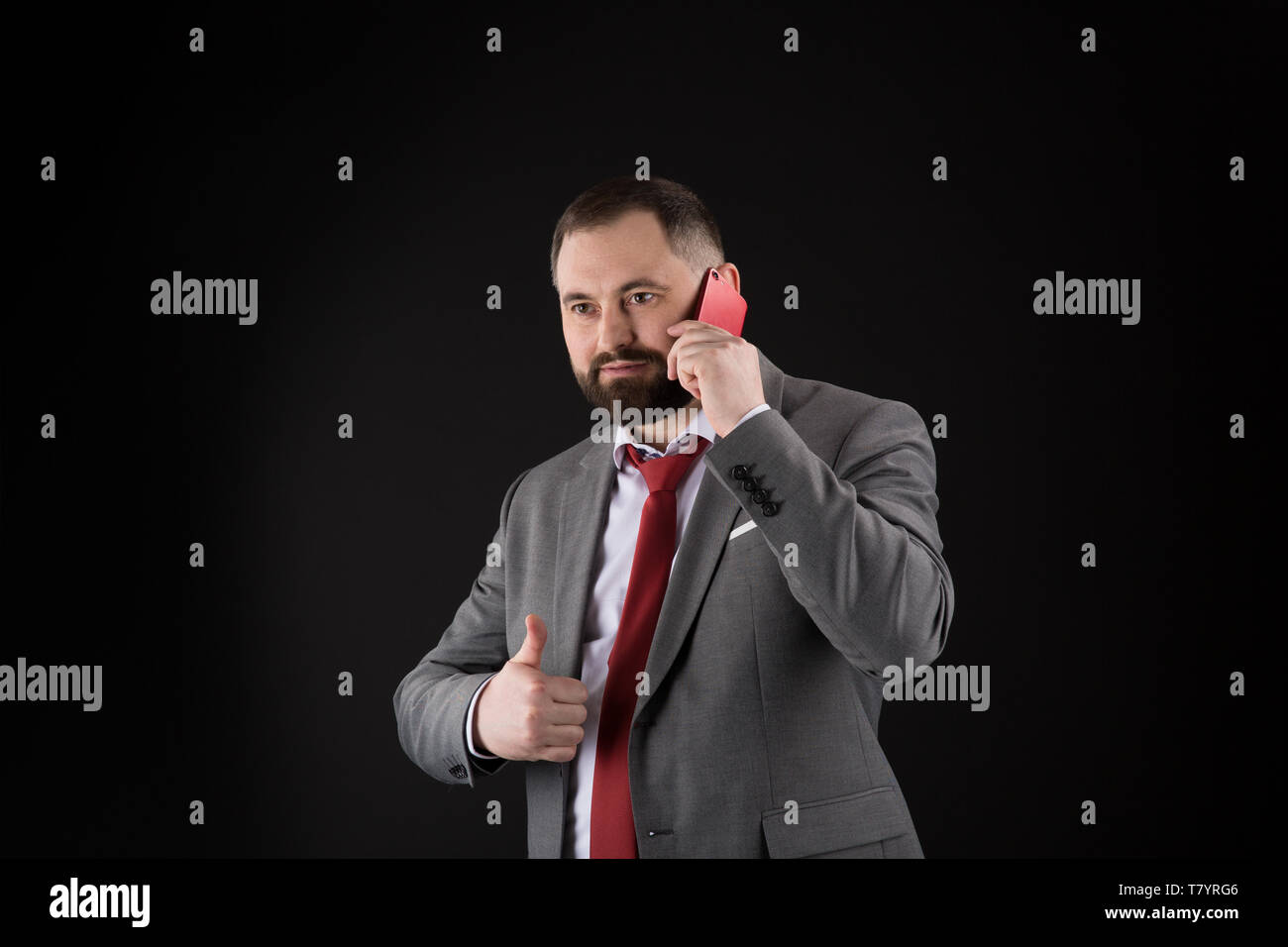 Guy call friend stand black background. Mobile call concept. Man ...