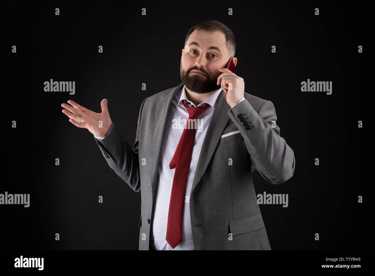 Guy call friend stand black background. Mobile call concept. Man ...