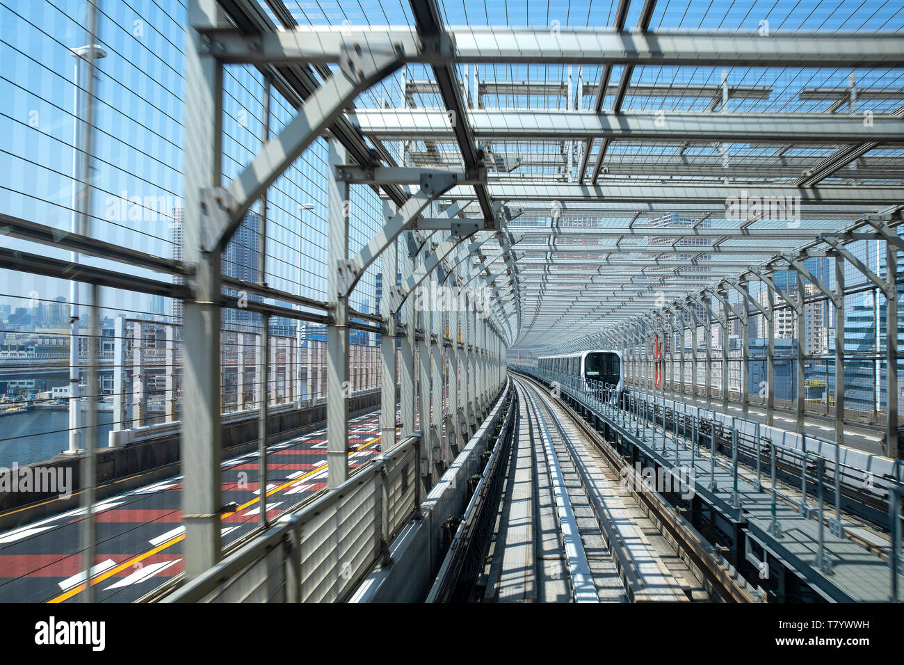 Japan, Tokyo, the train tracks leading from the Odaiba island to the ...