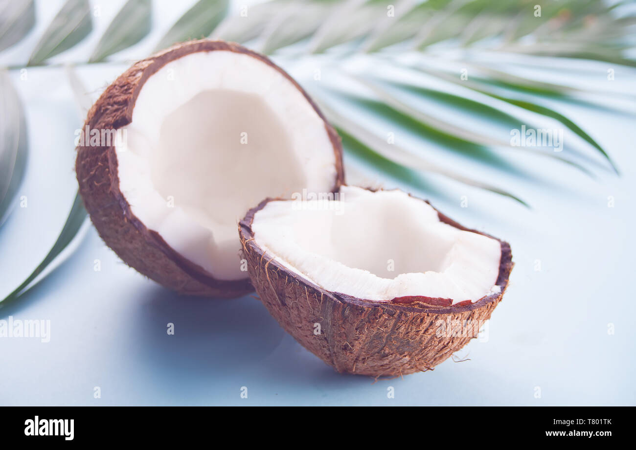 Coconut on blue table with palm leaf Stock Photo - Alamy