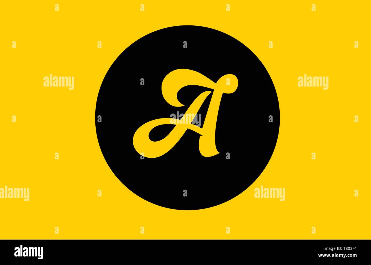 yellow A letter alphabet icon design with black circle suitable for a ...