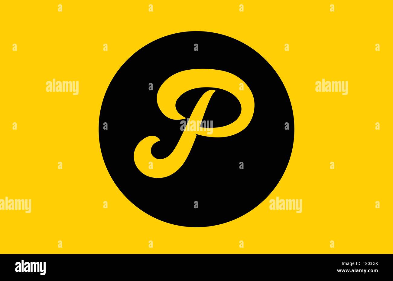 yellow P letter alphabet icon design with black circle suitable for a ...
