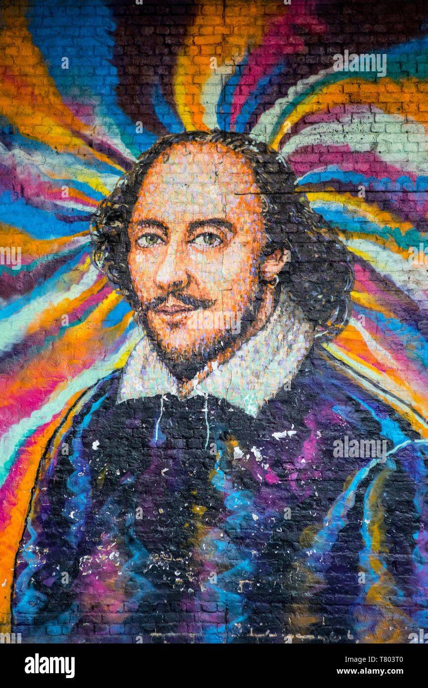 London, UK - April 1st 2019: A graffiti artwork of famous playwright ...