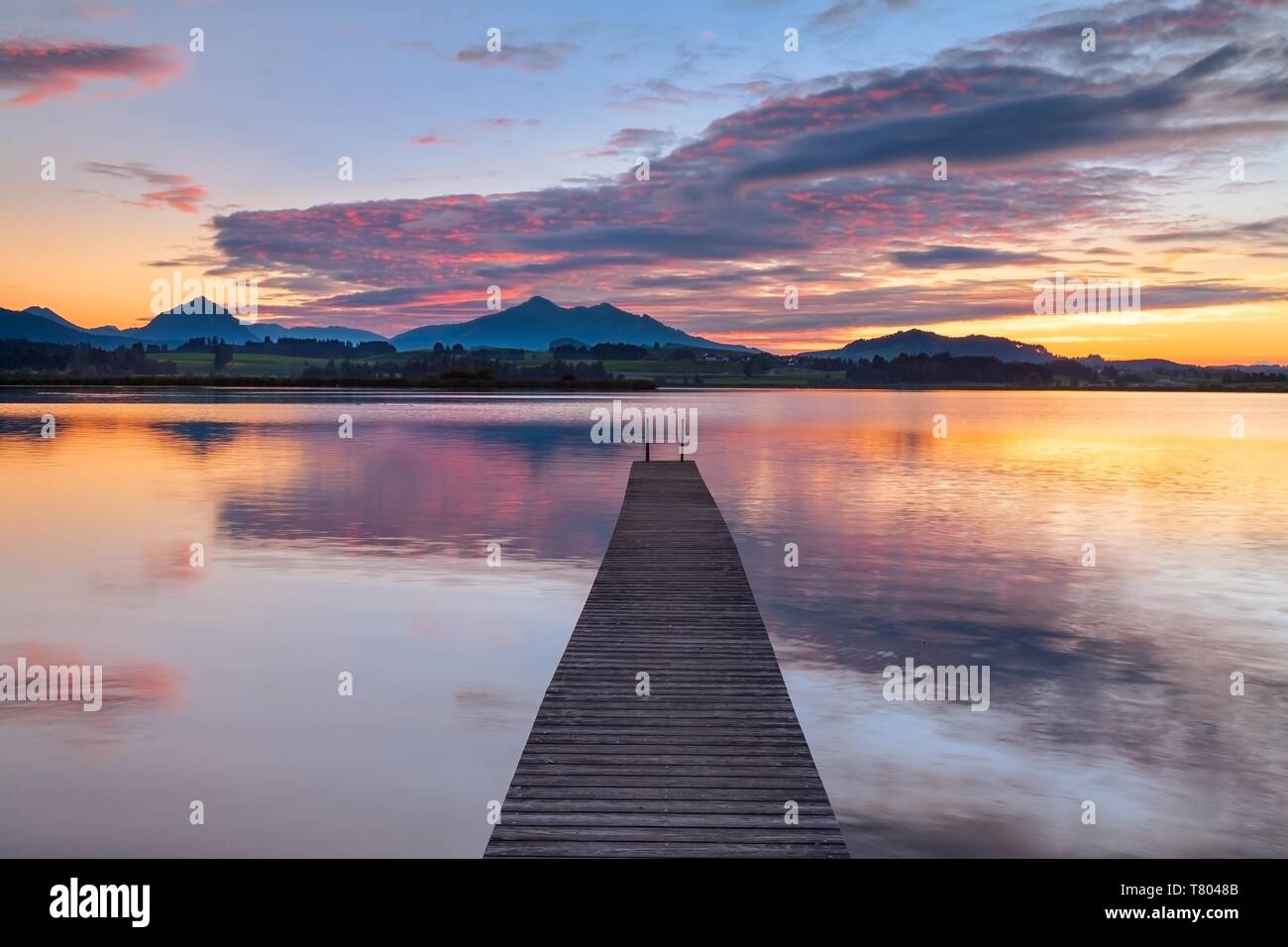 Sunset at Lake Hopfensee, Allgau Alps, Allgau, Bavaria, Germany Stock ...