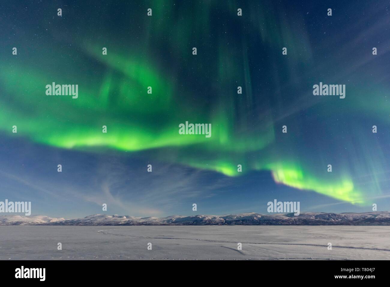 Northern Lights (Aurora Borealis) over snowy mountains, Abisko National ...