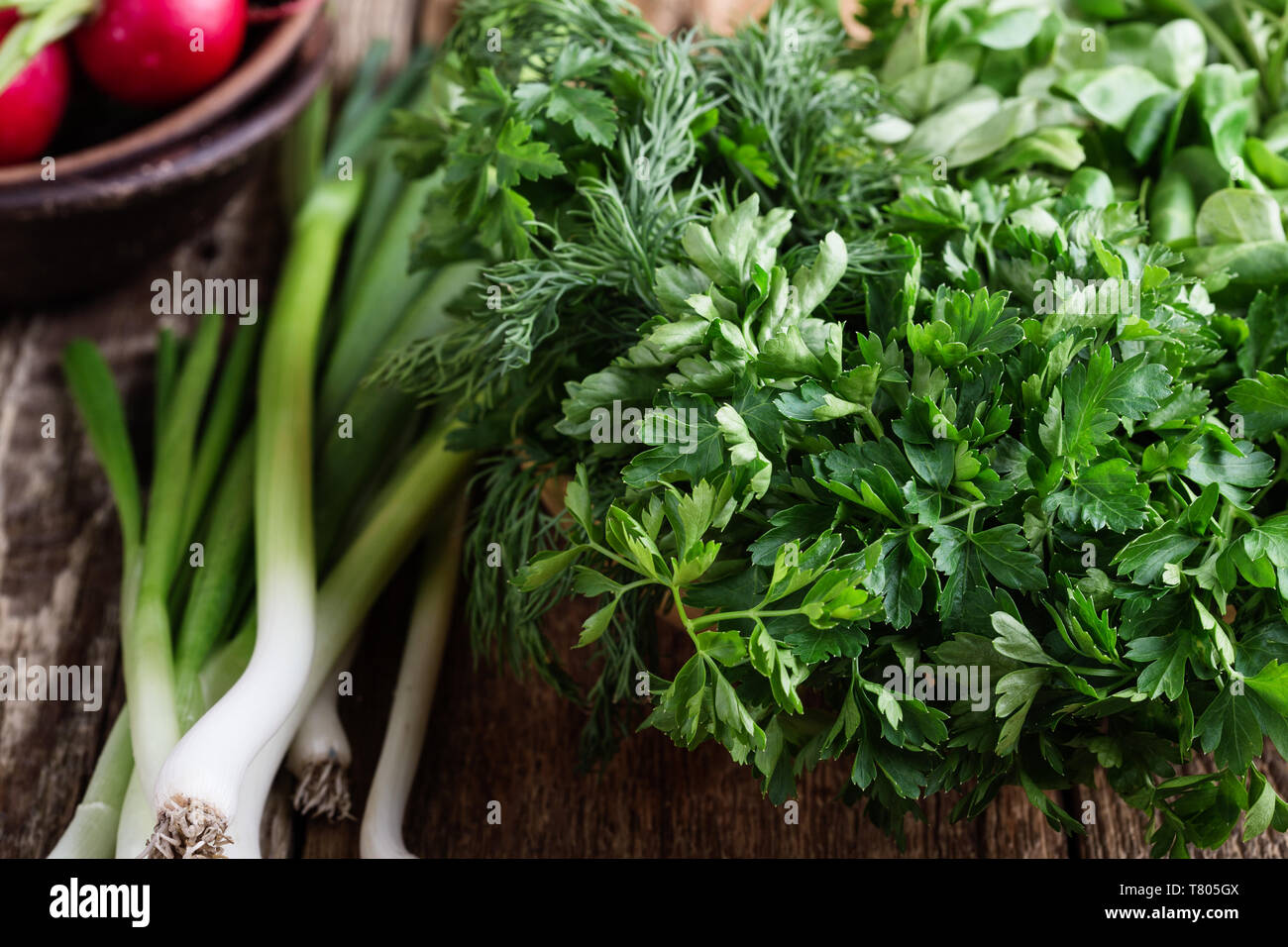 Plant fresh green vegetables and herbs cooking ingredient on rural ...