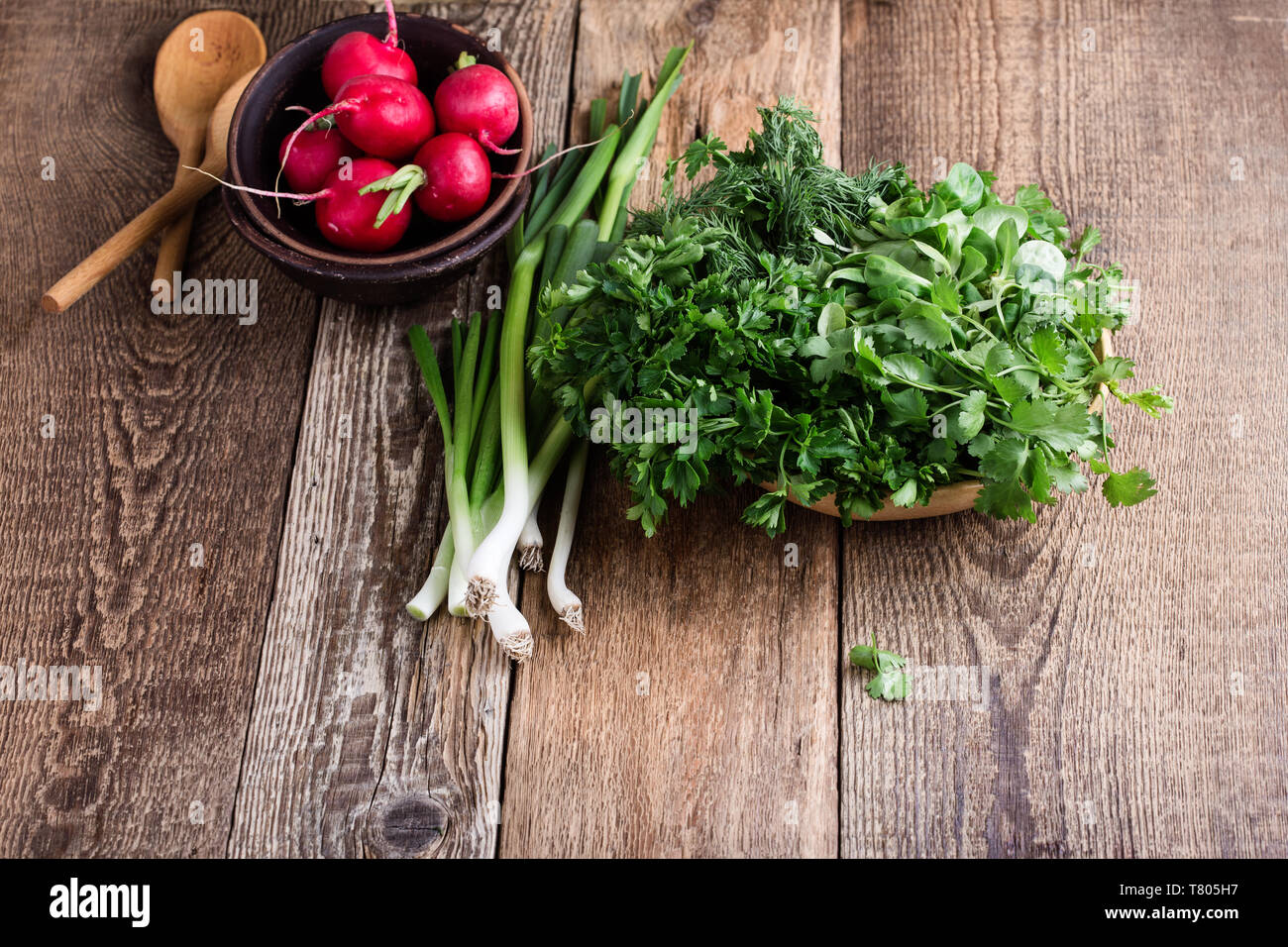 Plant fresh green vegetables and herbs cooking ingredient on rural ...
