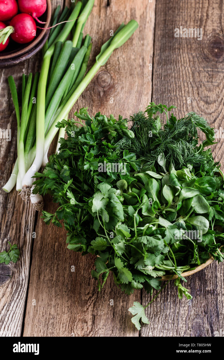 Plant fresh green vegetables and herbs cooking ingredient on rural ...
