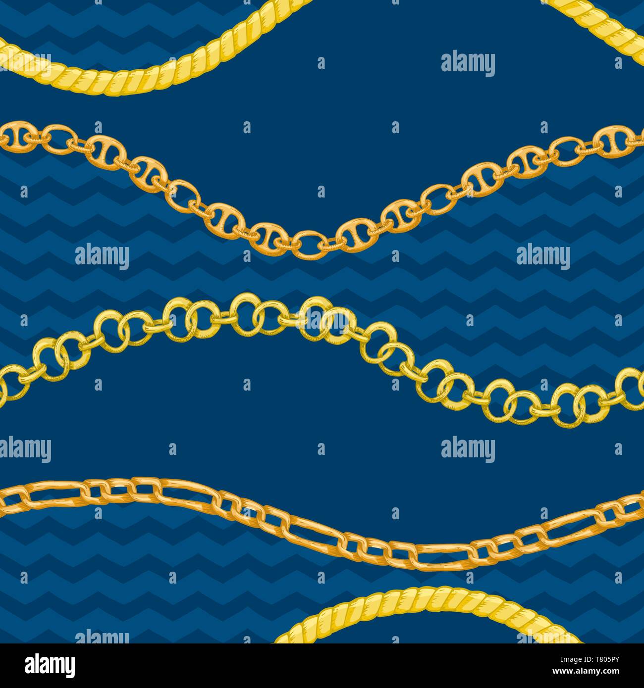 Seamless pattern with retro hand-drawn sketch golden chain on dark ...