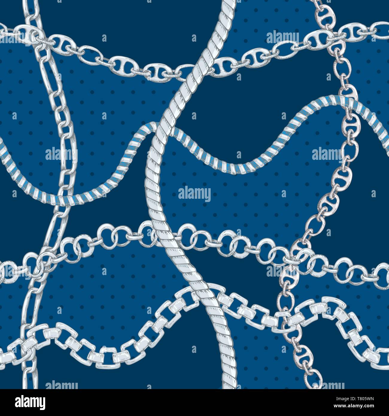 Seamless pattern with retro hand-drawn sketch silver chain on dark ...