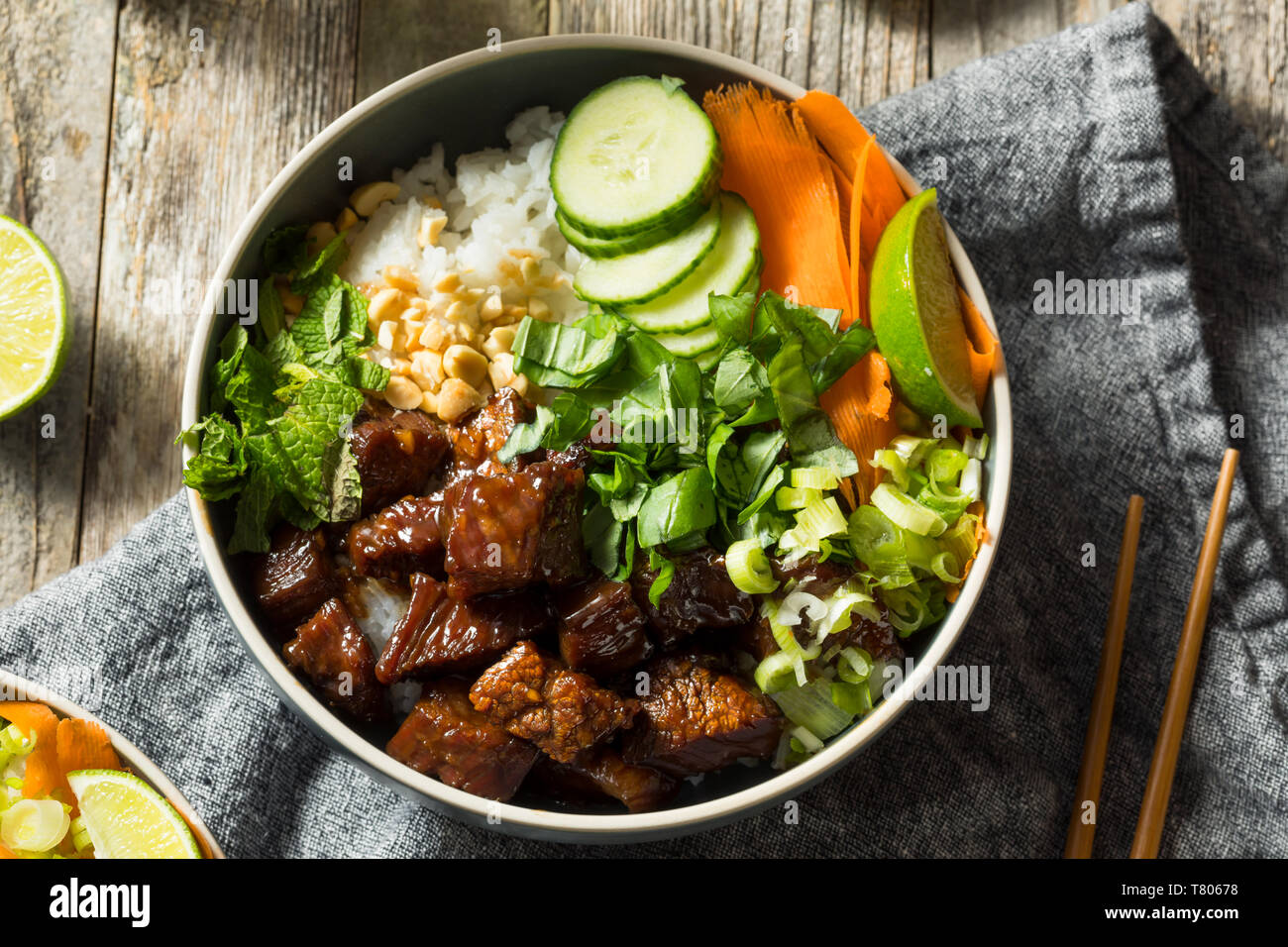 Homemade Thai Beef and Rice Bowl with Veggies Herbs Stock Photo - Alamy