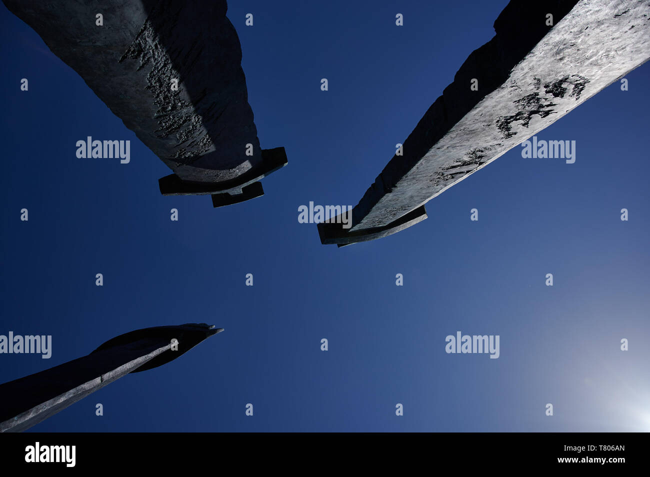 Sverd i fjell commemorative monument shot from an unusual angle. Three ...