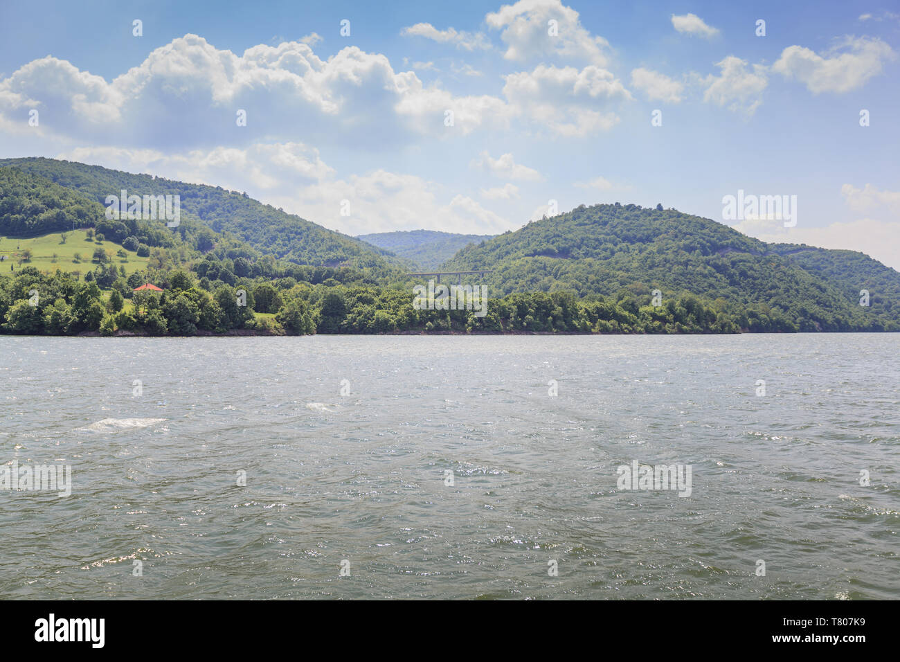 Danube river landscape with hills and green forest in Djerdap National ...