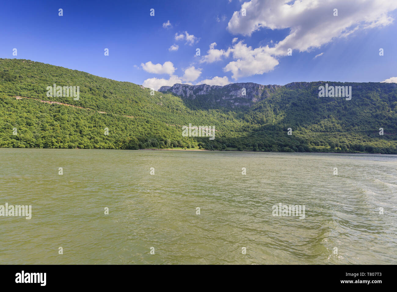 View of Danube river landscape with hills and green forest in the ...