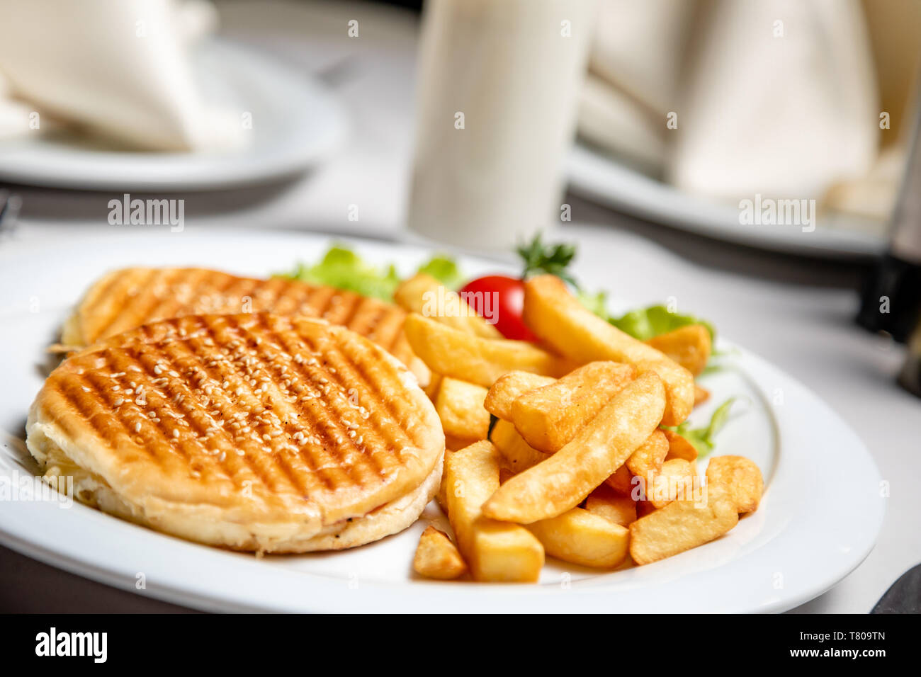 Toast Sandwich with french fries and garnish with yogurt Stock Photo ...