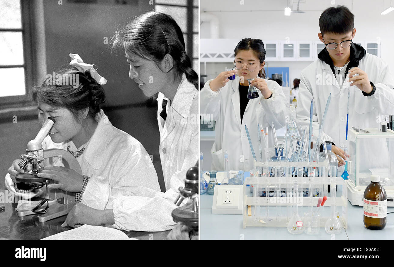 Yan'an. 9th May, 2019. Combo photo shows young teacher Wang Shuzhen (R ...