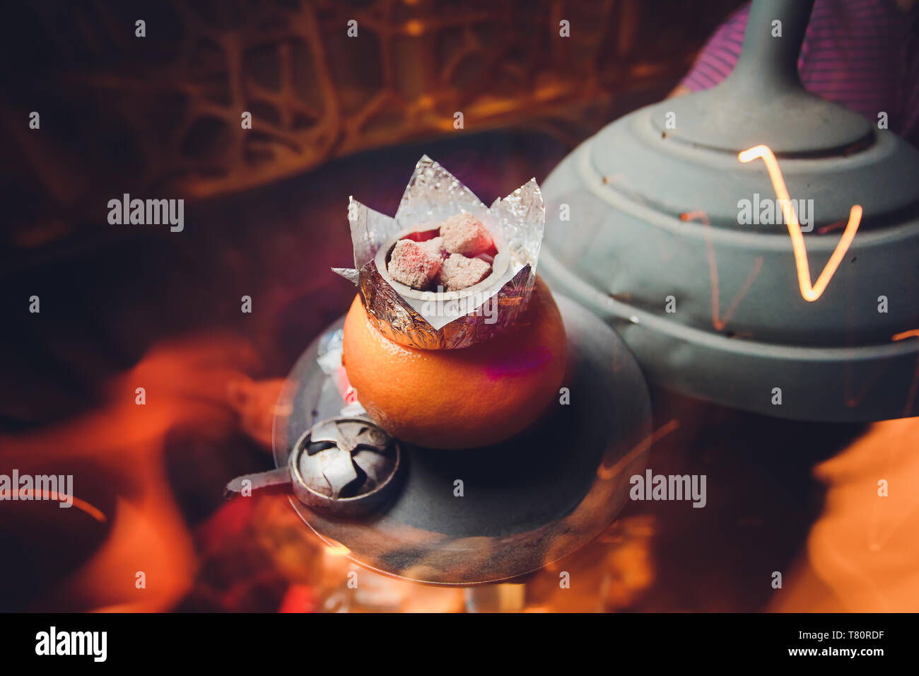 Luxury hookah with orange. Exotic bowl with fruit. Hookah lounge ...