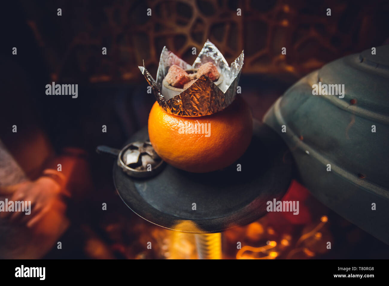 Luxury hookah with orange. Exotic bowl with fruit. Hookah lounge ...