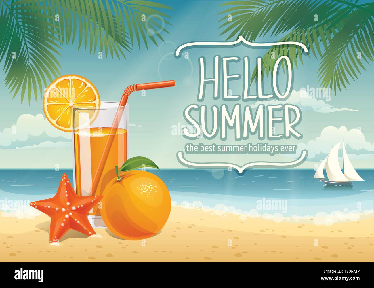 Vector hello summer card or poster with summer landscape and orange ...