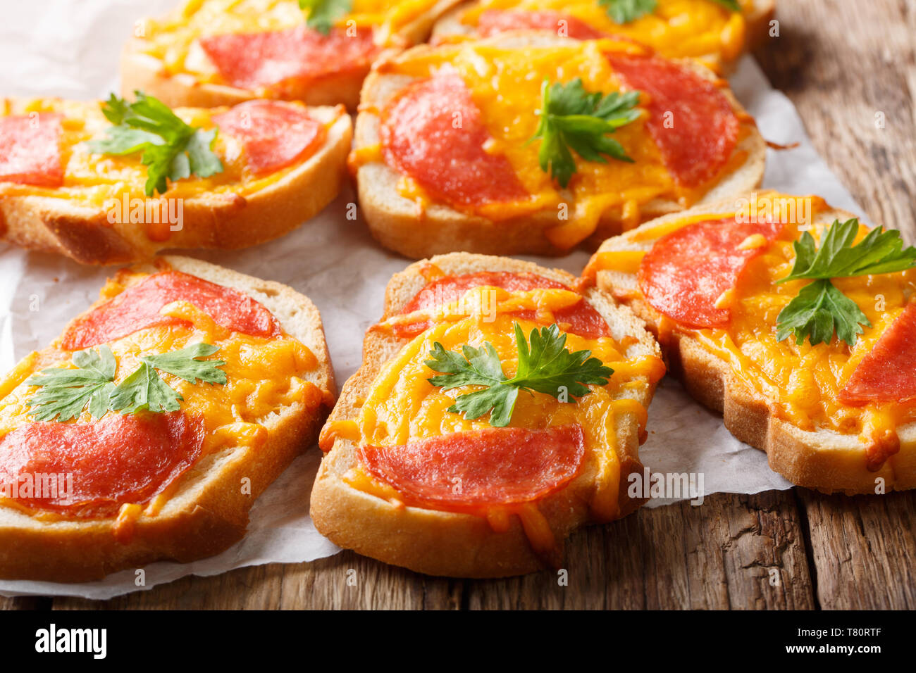 Delicious appetizer toasts with salami sausage and melted cheddar ...