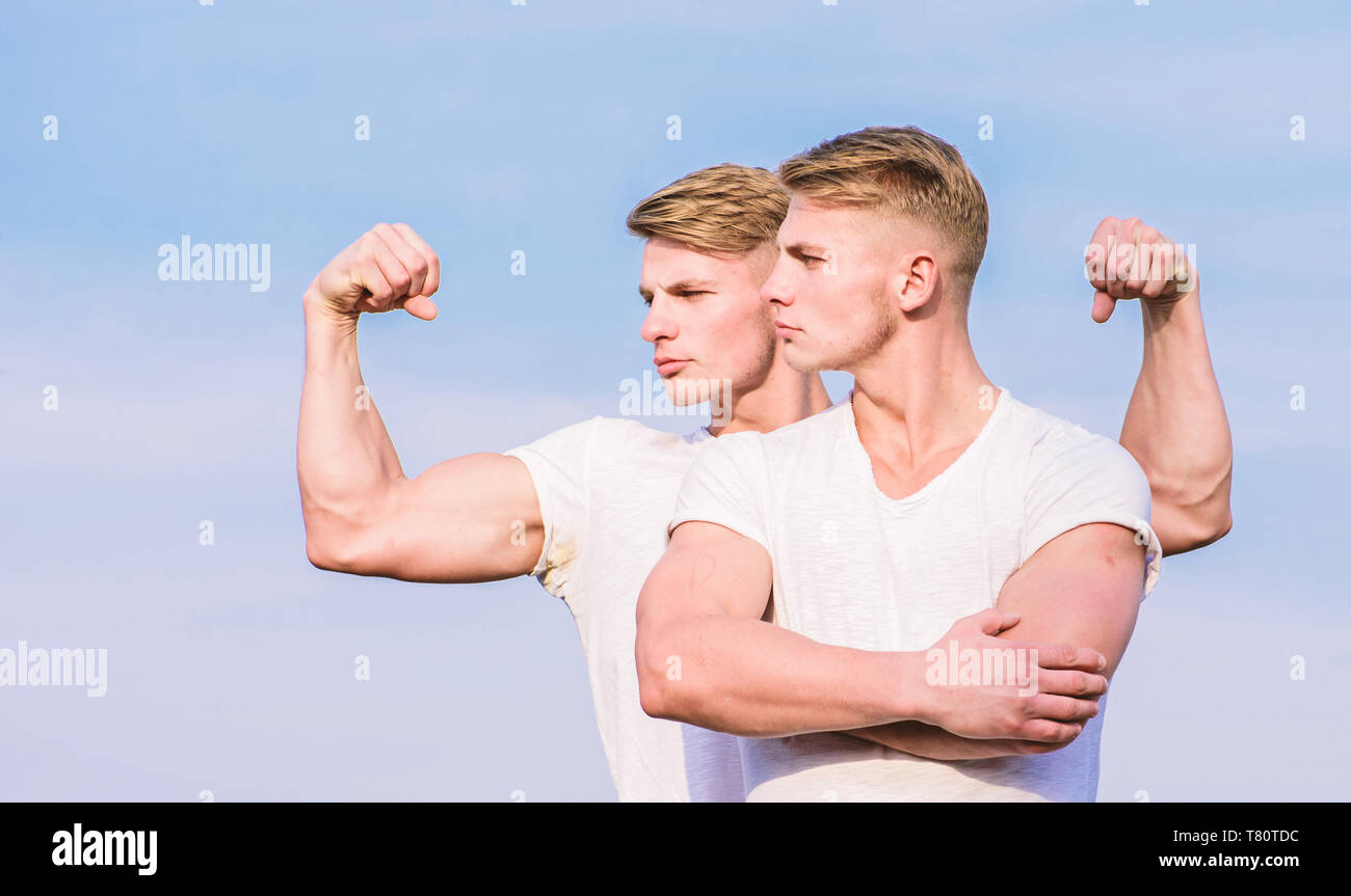 Sport lifestyle and healthy body. Attractive twins. Handsome strong ...