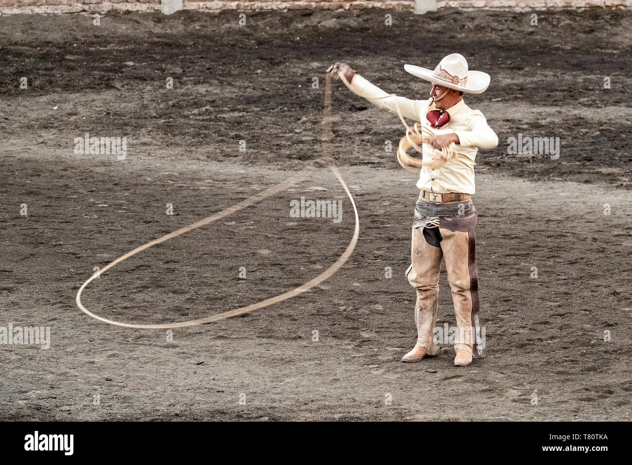Juan Franco practices his rope skills during the family Charreria ...