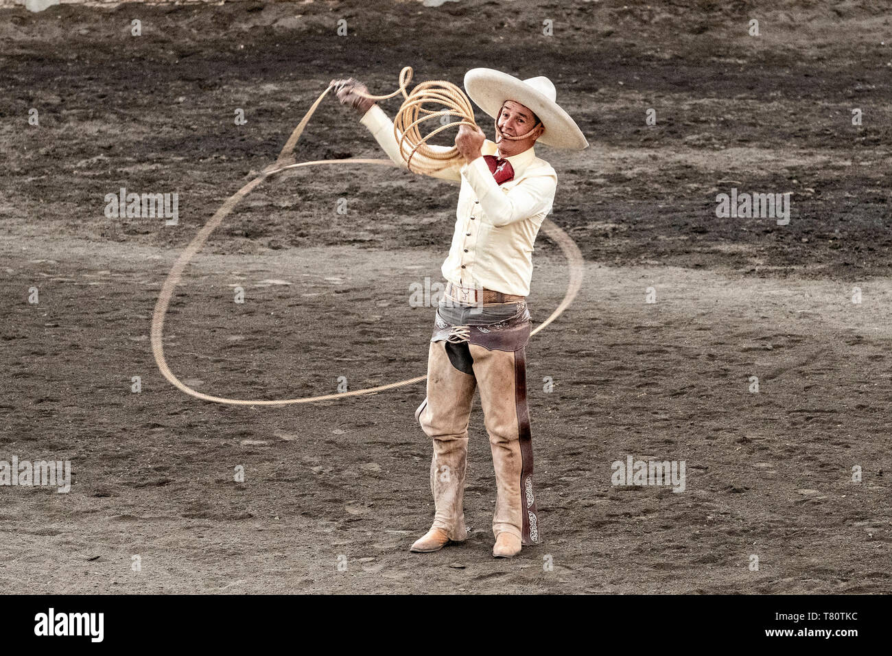 Juan Franco practices his rope skills during the family Charreria ...