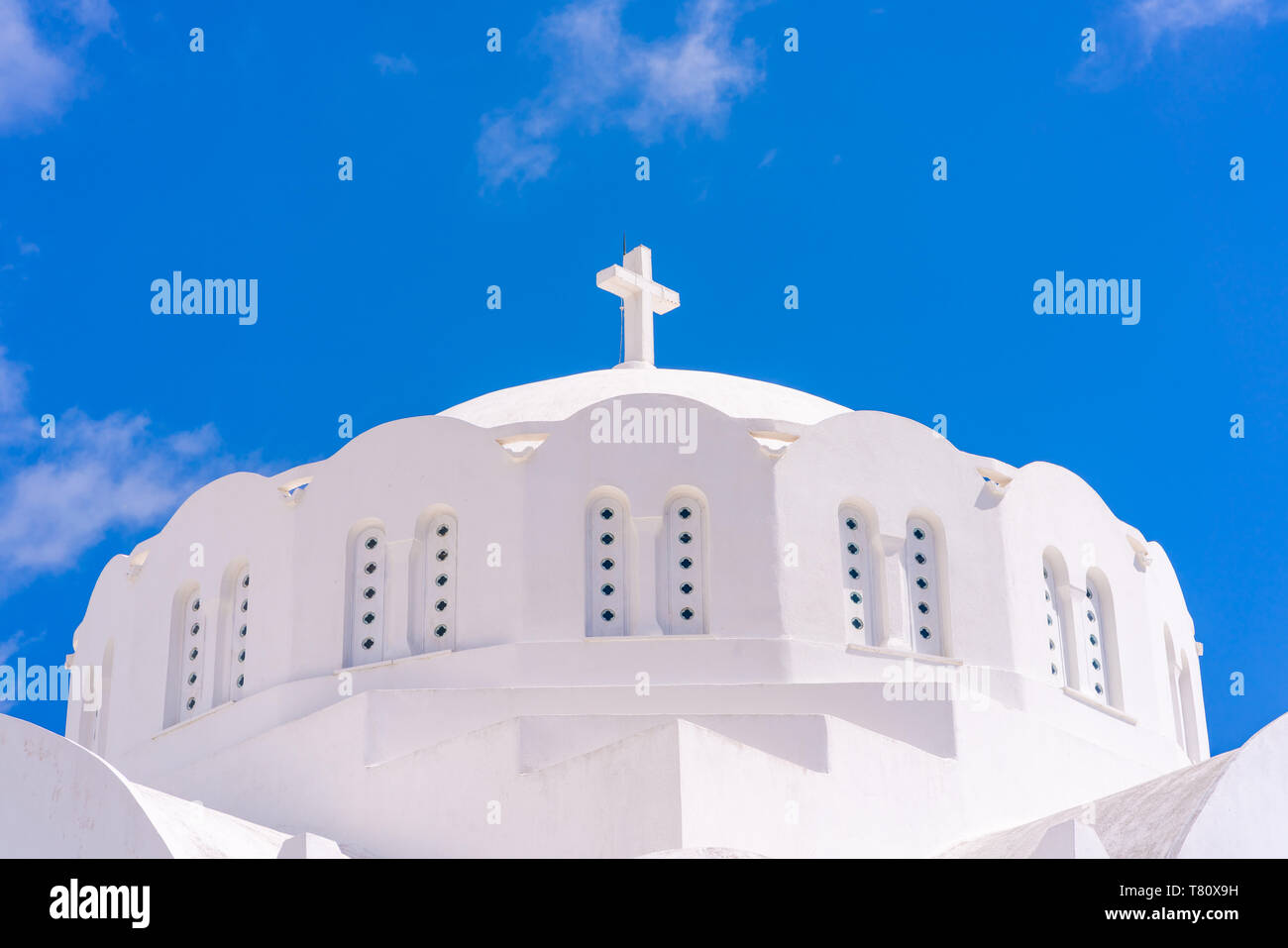White dome of the Orthodox Metropolitan Cathedral in Fira, Santorini ...