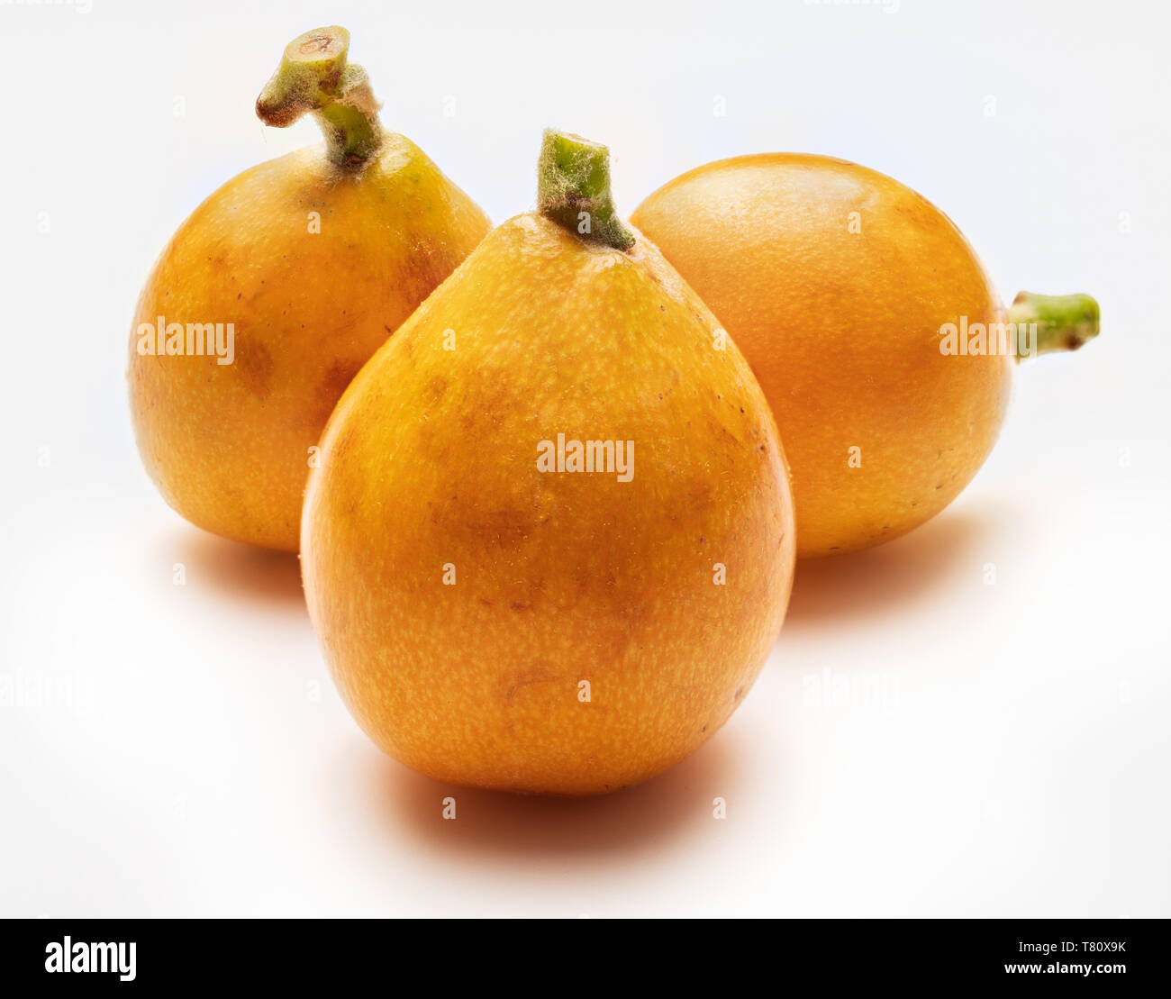 Three fresh loquats (medlars). Isolated on white background. Close-up ...