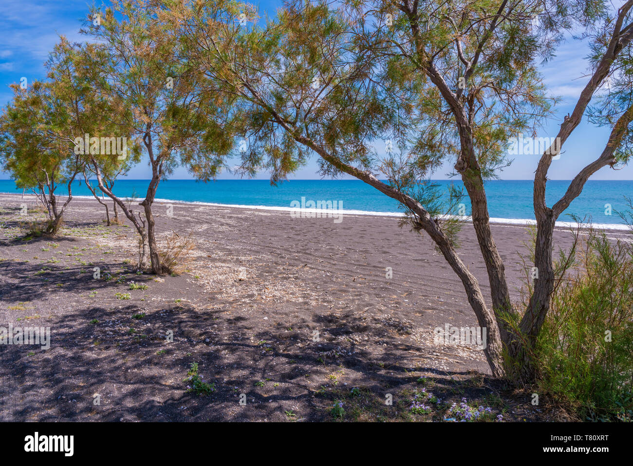 Black sand beach in Perissa, Santorini, Greece Stock Photo - Alamy