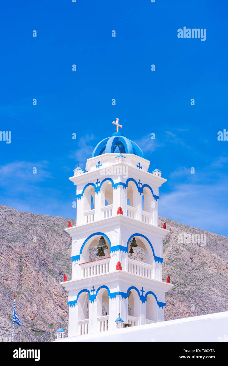 Bell tower of Church of Holy Cross in Perissa on Santorini island ...