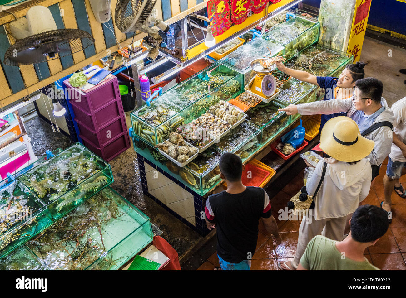 An aerial view of a live fish stall at the indoor Banzaan food market ...