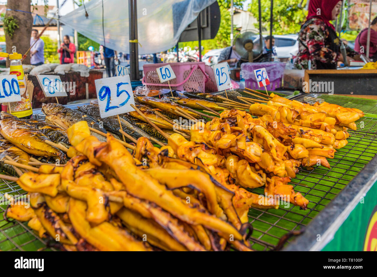 A barbecue seafood stall at the Indy market in Phuket old town, Phuket ...