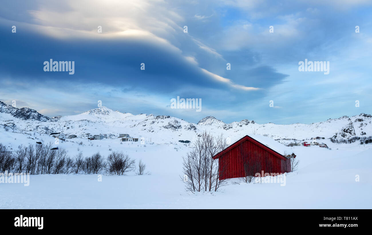 Red Cabin in the Snow, Lofoten Islands, Nordland, Norway, Europe Stock ...